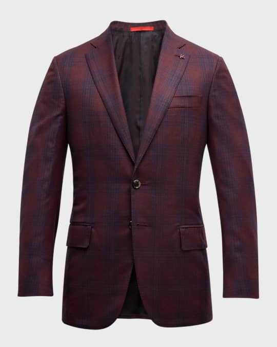 Isaia Men's Burgundy Plaid Check Sports Jacket | Neiman Marcus