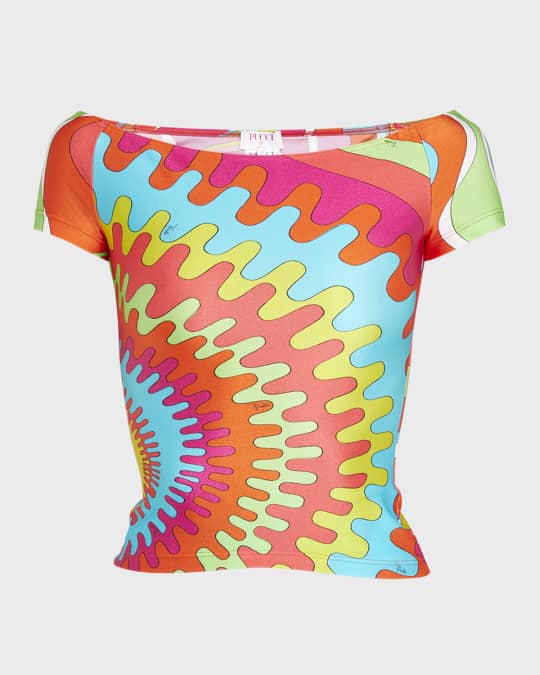 Pucci Abstract-Print Off-The-Shoulder Cap-Sleeve Top | Neiman Marcus