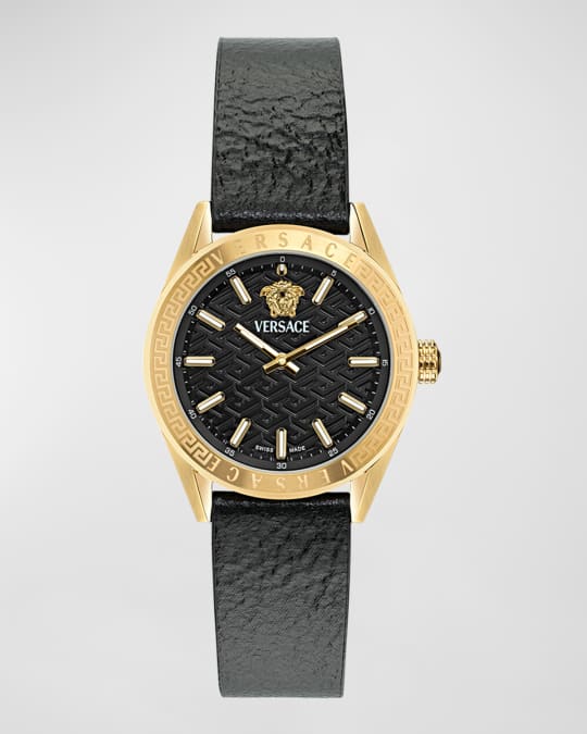 Versace 36mm V-Code Watch with Calf Leather Strap, Yellow Gold/Black ...