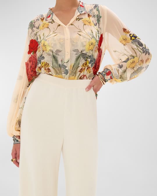 Camilla Floral Crystal-Embellished Button-Front Blouse | Neiman Marcus