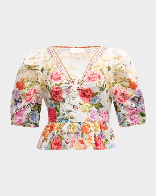 Camilla Puff-Sleeve Floral Cotton Top with Hardware | Neiman Marcus