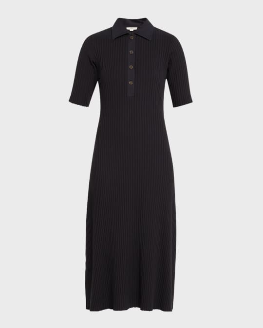 Vince Ribbed Elbow-Sleeve Polo Midi Dress | Neiman Marcus