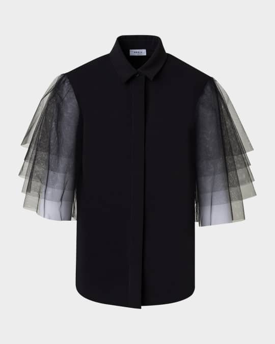 Akris punto Layered Tulle-Sleeve Button-Down Blouse | Neiman Marcus