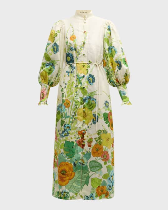 ALEMAIS Constance Floral Linen Stand-Collar Midi Shirtdress | Neiman Marcus