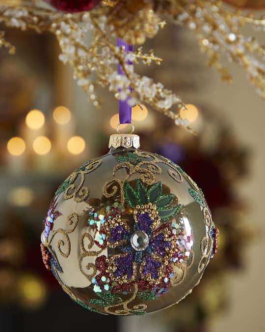 Neiman Marcus Grey Opal Christmas Ornament With Multicolor Flowers ...