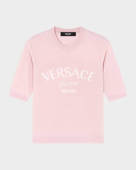 Versace College Logo Knit Short-Sleeve Wool Sweater | Neiman Marcus