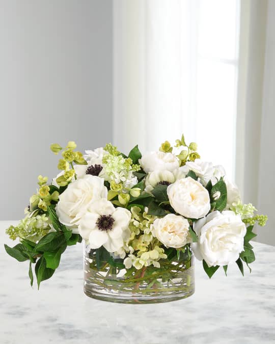 NDI Roses & Anemones 19" Faux Floral Arrangement in Glass Bowl | Neiman Marcus