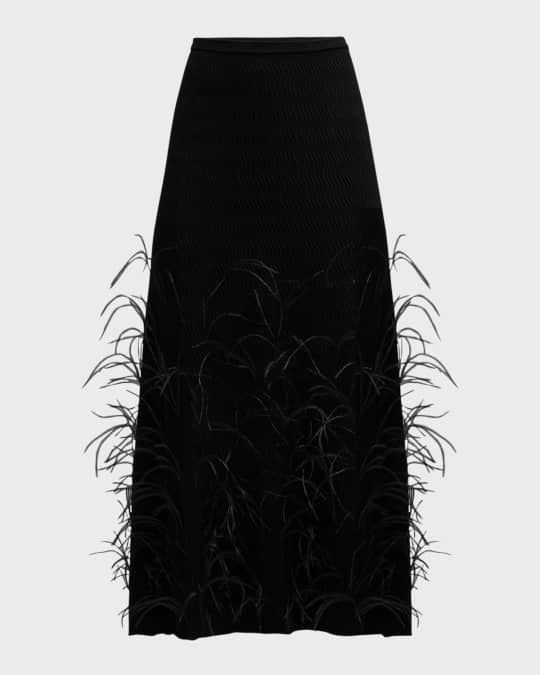 LAPOINTE Feather-Embellished Wavy Matte Crepe Midi Skirt | Neiman Marcus