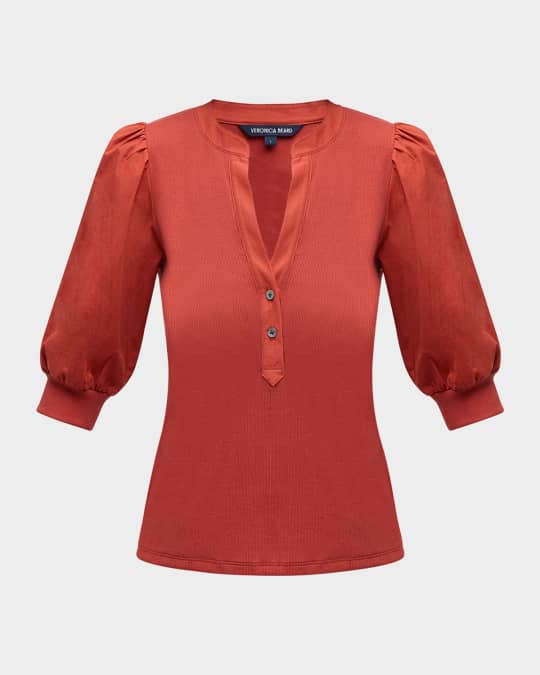 Veronica Beard Coralee Puff Sleeve Button-Front Top | Neiman Marcus