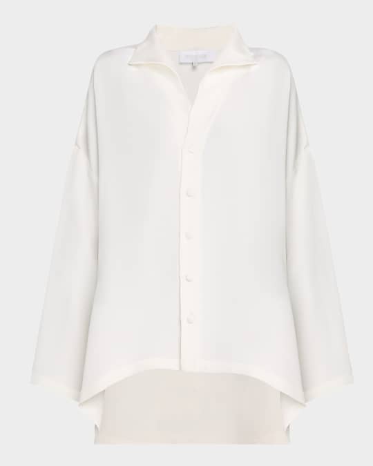 Eskandar Wide A-Line Shirt with Open Standup Collar (Mid Plus Length ...