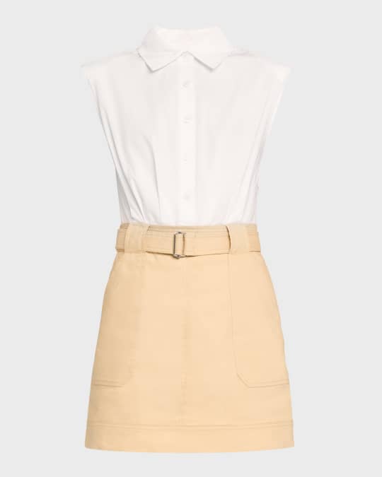 SIMKHAI Jensen Belted Combo Button-Front Utility Mini Dress | Neiman Marcus