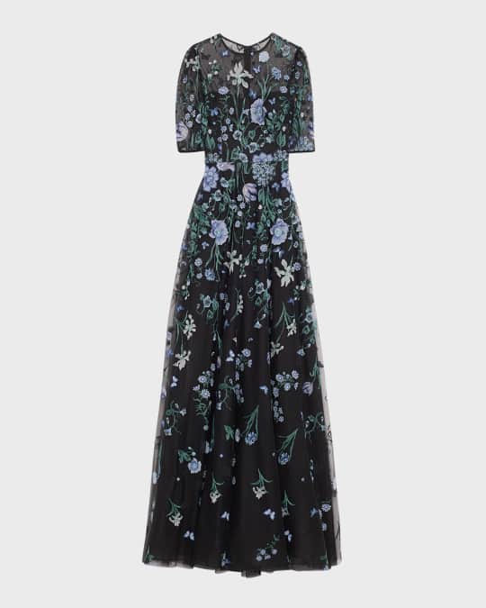 Rickie Freeman for Teri Jon Embroidered A-Line Tulle Gown | Neiman Marcus