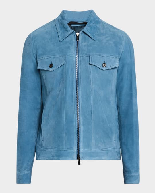Isaia Light Blue Suede Trucker Jacket | Neiman Marcus