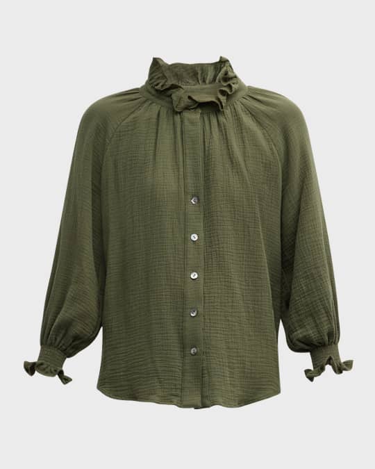 Finley Plus Size Fiona Ruffle-Trim Cotton Gauze Shirt | Neiman Marcus