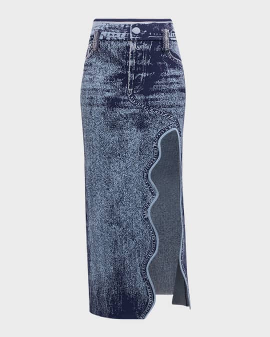 PH5 Lily Denim-Print Wavy Slit Midi Skirt | Neiman Marcus