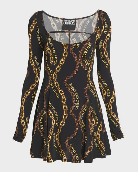 Versace Jeans Couture Long-Sleeve Chain Logo Mini Dress | Neiman Marcus