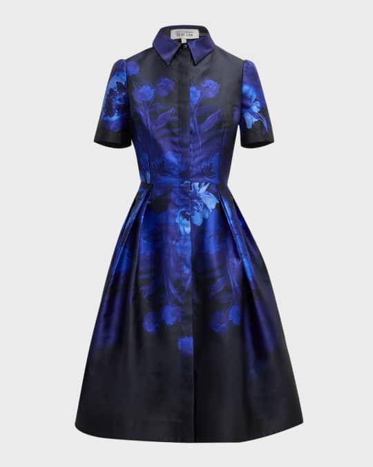 Rickie Freeman for Teri Jon Pleated Floral-Print Shirtdress | Neiman Marcus