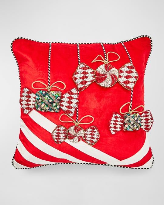 MacKenzie-Childs Christmas Candy Red Beaded Throw Pillow | Neiman Marcus