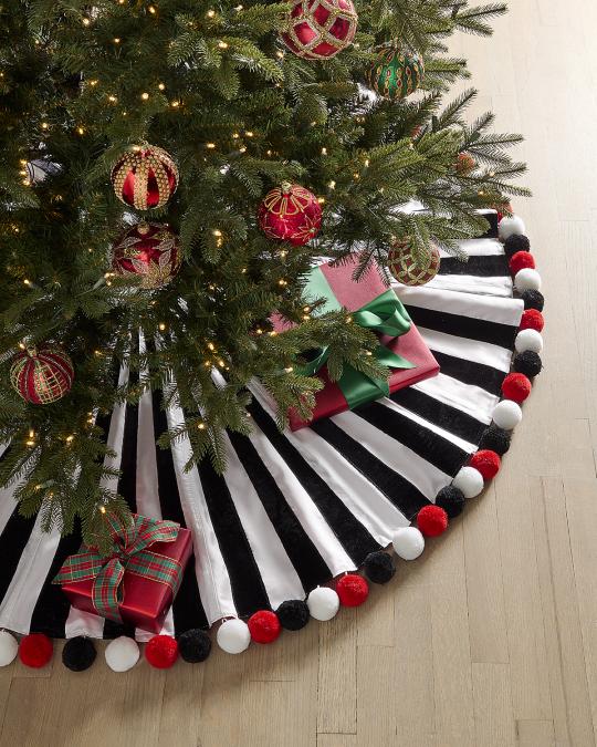 D. Stevens 64" Two-Tone Striped Tree Skirt with Pom Poms | Neiman Marcus