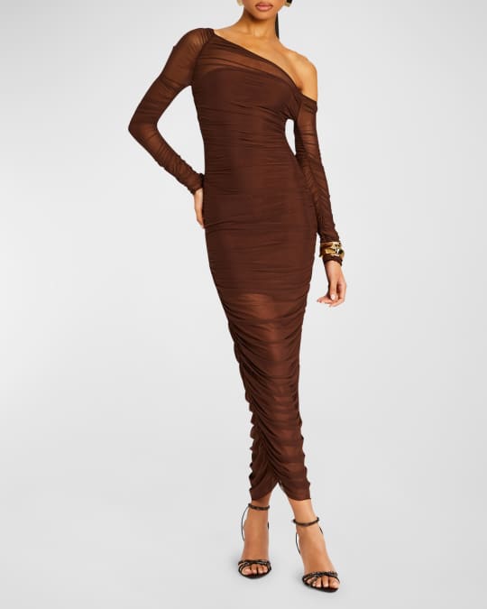 SEROYA Chantae Mesh One-Shoulder Midi Dress | Neiman Marcus