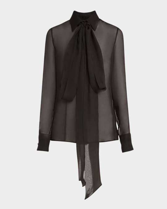 Valentino Garavani Bow-Neck Sheer Silk Blouse | Neiman Marcus