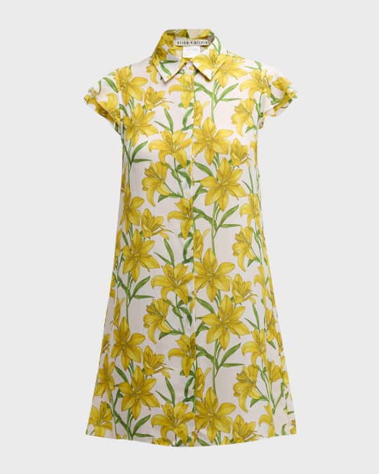 ALICE + OLIVIA Floral Jem Ruffle-Sleeve Mini Shirtdress | Neiman Marcus