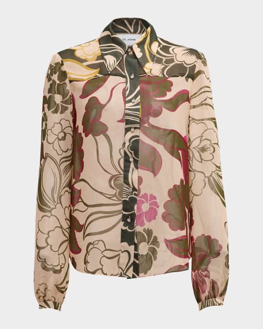 St. John Mixed Floral-Print Long-Sleeve Top | Neiman Marcus