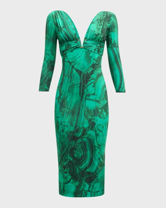Roberto Cavalli Plunging Claw U-Ring 3/4-Sleeve Midi Dress | Neiman Marcus