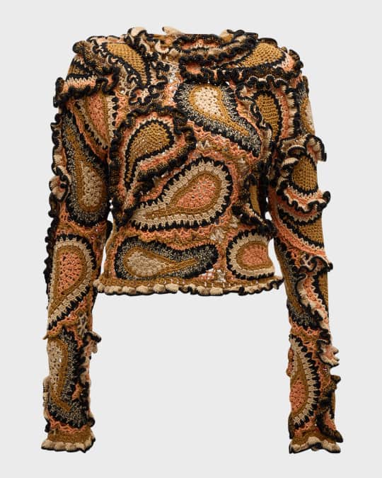 Ulla Johnson Sunara Ruffled Paisley Crochet Pullover Sweater | Neiman ...