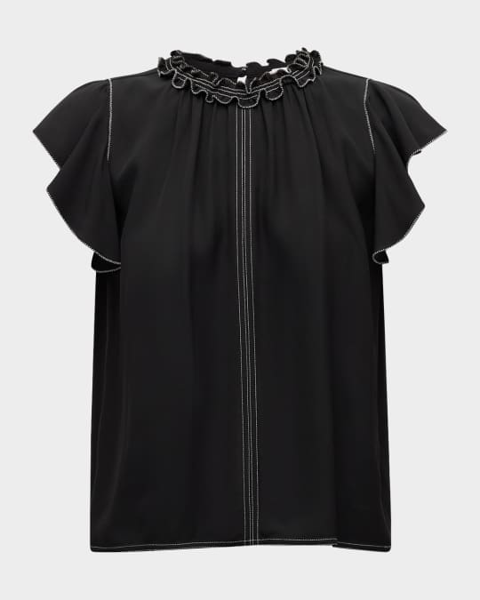 Ulla Johnson Julia Topstitched Ruffle-Sleeve Top | Neiman Marcus