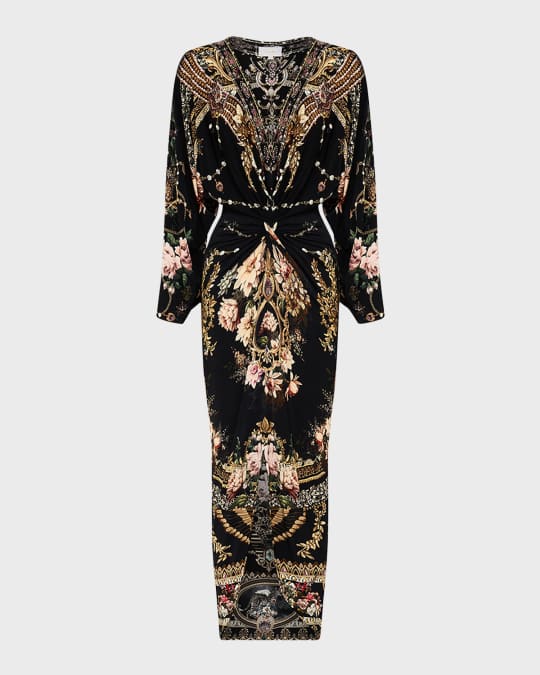 Camilla Long Split Front-Twist Floral Midi Dress | Neiman Marcus