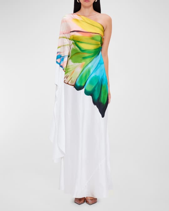 LEO LIN Mei One-Shoulder Butterfly-Print Gown | Neiman Marcus