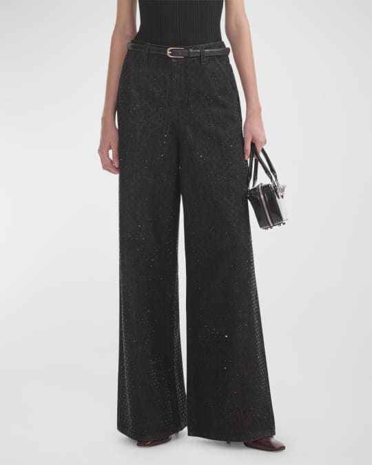 Self-Portrait Rhinestone Wide-Leg Denim Jeans | Neiman Marcus
