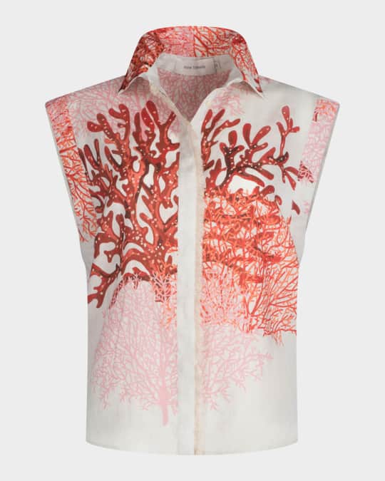 Silvia Tcherassi Rina Coral-Print Sleeveless Linen Blouse | Neiman Marcus