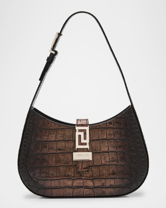 Versace Greca Goddess Small Croc-Embossed Hobo Bag | Neiman Marcus