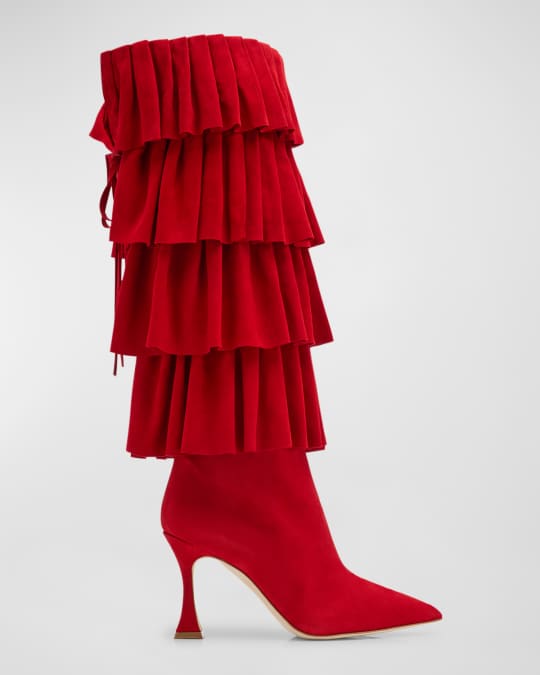 Manolo Blahnik Miralone Ruffled Suede Knee Boots | Neiman Marcus