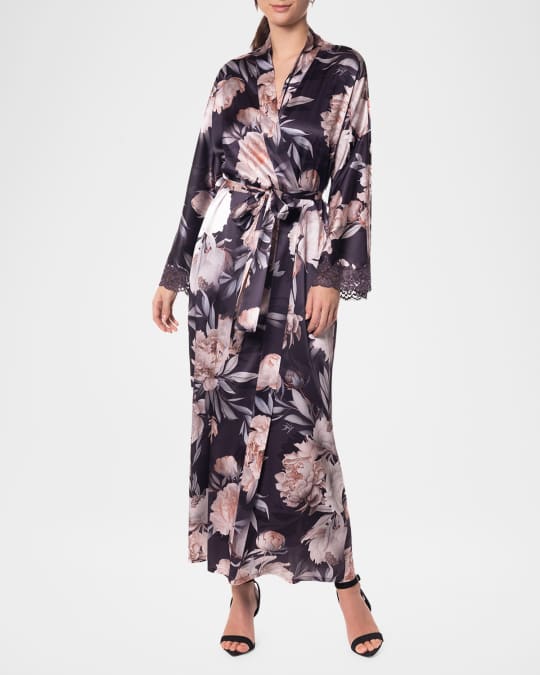 Christine Lingerie After Dark Floral-Print Charmeuse Robe | Neiman Marcus