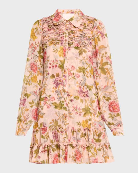 Cinq a Sept Barnes Floral Long-Sleeve Mini Shirtdress | Neiman Marcus