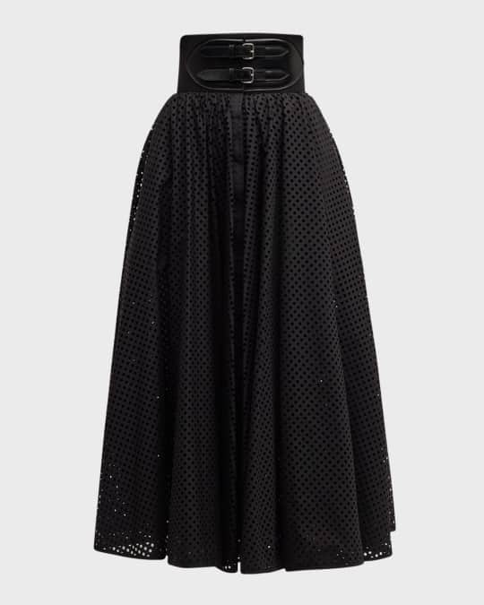 ALAIA Polka-Dot Double-Buckle Belt Midi Skirt | Neiman Marcus