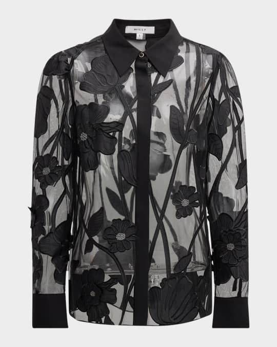 Milly Ashton Sheer Floral-Embroidered Top | Neiman Marcus