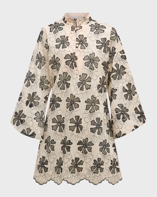La Vie Style House Eyelet Floral-Embroidered Mini Caftan | Neiman Marcus