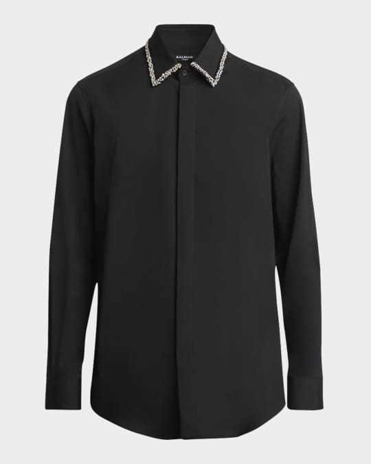 Balmain Men's Poplin Shirt with Strass Collar | Neiman Marcus