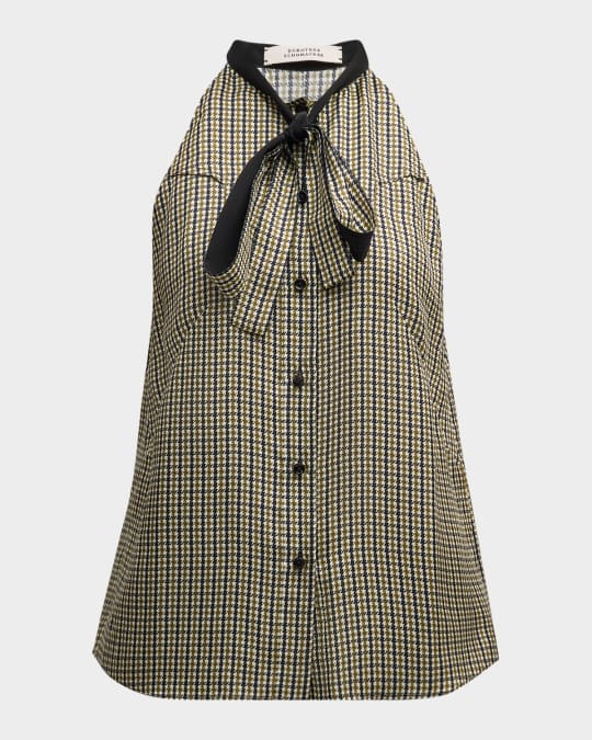 DOROTHEE SCHUMACHER Checked Coolness Houndstooth Tie-Neck Blouse | Neiman Marcus