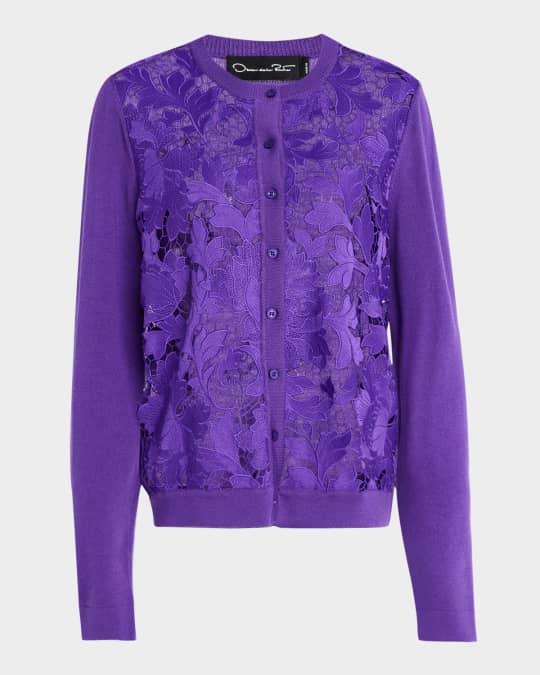 Oscar de la Renta Peony Guipure-Inset Crewneck Cardigan | Neiman Marcus
