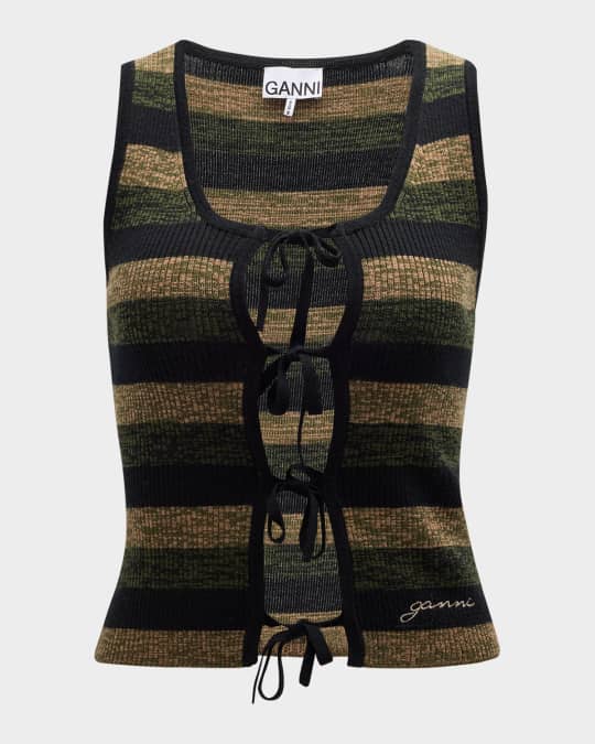 Ganni Stripe Ribbed Tie Top | Neiman Marcus