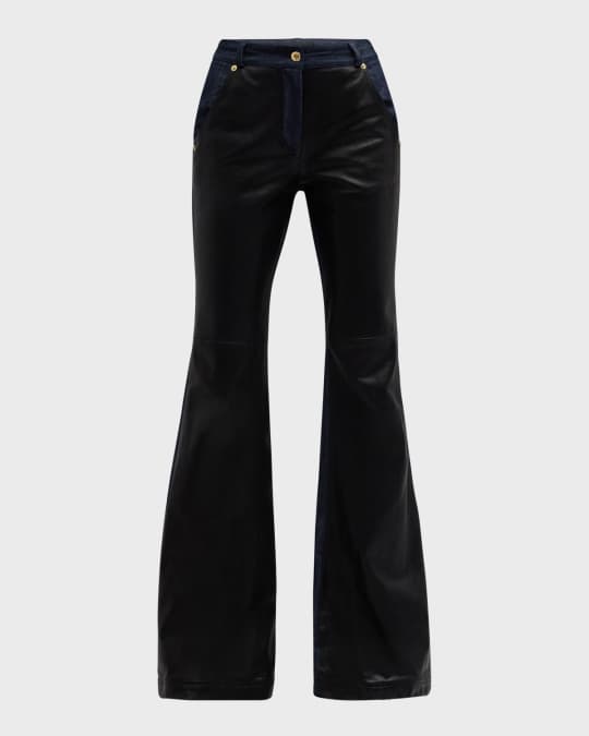 Sergio Hudson Leather Front Denim Flared Pants | Neiman Marcus