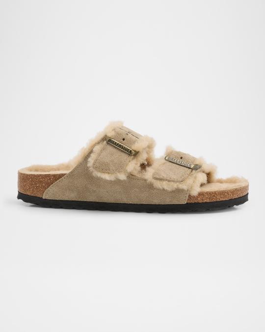 BIRKENSTOCK Arizona Suede Shearling Dual-Buckle Slide Sandals | Neiman ...
