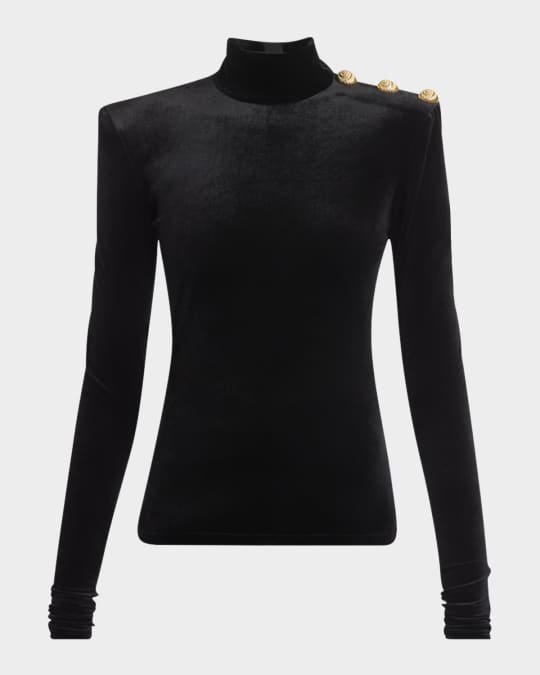 Balmain Buttoned High-Neck Velvet Top | Neiman Marcus