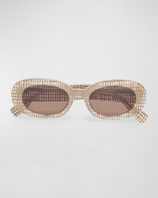 Lele Sadoughi Oceanside Raffia & Acetate Oval Sunglasses | Neiman Marcus