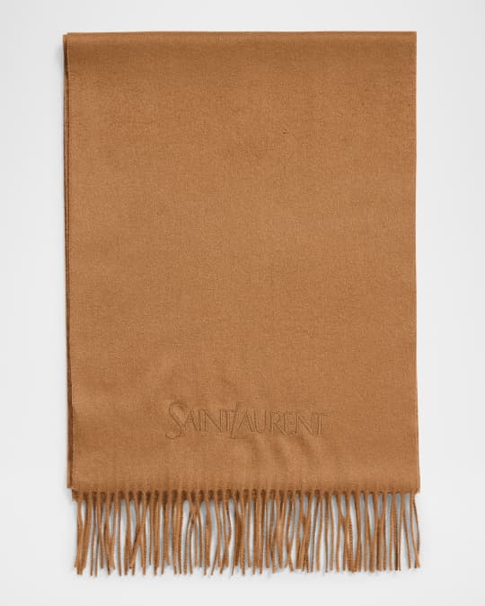 Saint Laurent Embroidered Logo Fringe Cashmere Scarf | Neiman Marcus